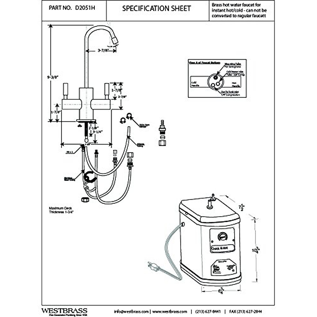 Westbrass D2051H-07 Cold dispenser, with Hot Water Tank, Satin Nickel
