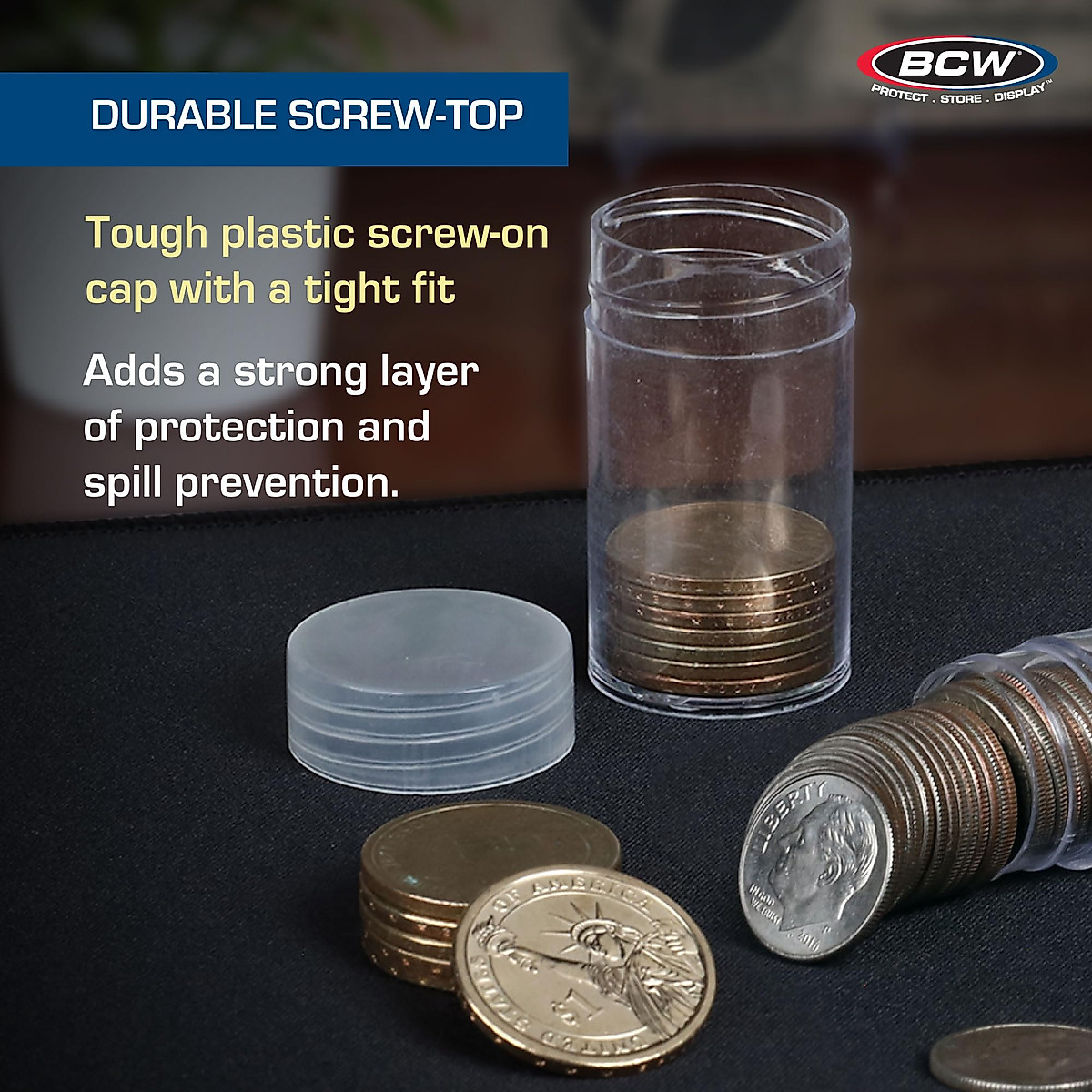 BCW Clear Quarter Coin Tubes with Screw-On Cap, Each Holds 40 Quarters (10-Tubes Total)