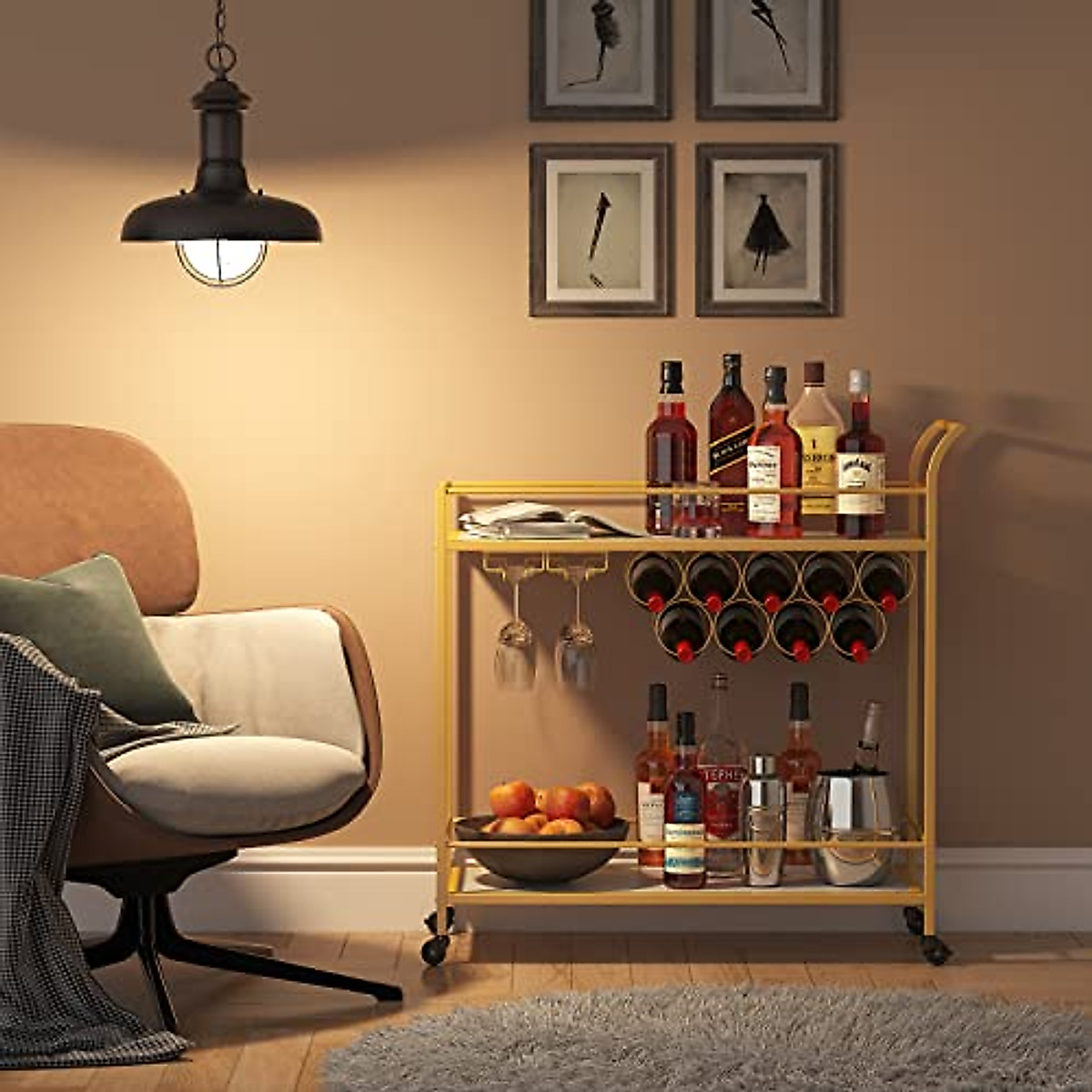 Lifewit Bar Cart, Home Bar Serving Cart, 2 Tier Drink Cart with 9 Wine Bottle Racks, Liquor Beverage Cart for Kitchen Dining Living Room Outdoor, 31.5" x 13" x 34.6", Gold