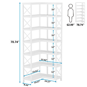 LITTLE TREE 7-Shelf Corner Bookshelf Modern Corner Bookcase Corner Shelf for Living Room Home Office, White