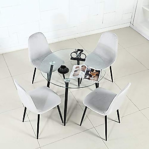 5 Pieces Dining Room Table Set for 4 - Round Glass Table - Velvet Dining Chairs - Modern Kitchen & Dining Room Sets for Dining Room, Kitchen,Dinette or Compact Space (Black Table + Light Grey Chairs)