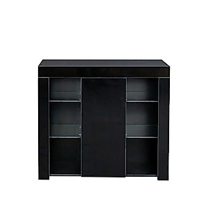 BUTURCAR Kitchen Buffet Storage Cabinet, Modern Dining Room Sideboard Cabinet, Hallway Living Room Display Cabinet - Black High Gloss Buffet Cabinet with Storage, Door, and LED Light