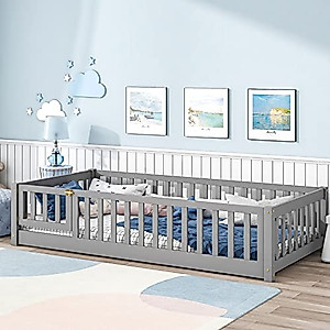 Tatub Twin Size Floor Bed with Safety Guardrails and Door and Slats, Toddler Floor Bed Frame for Girls and Boys, Wood Montessori Floor Bed for Kids, Twin-Grey
