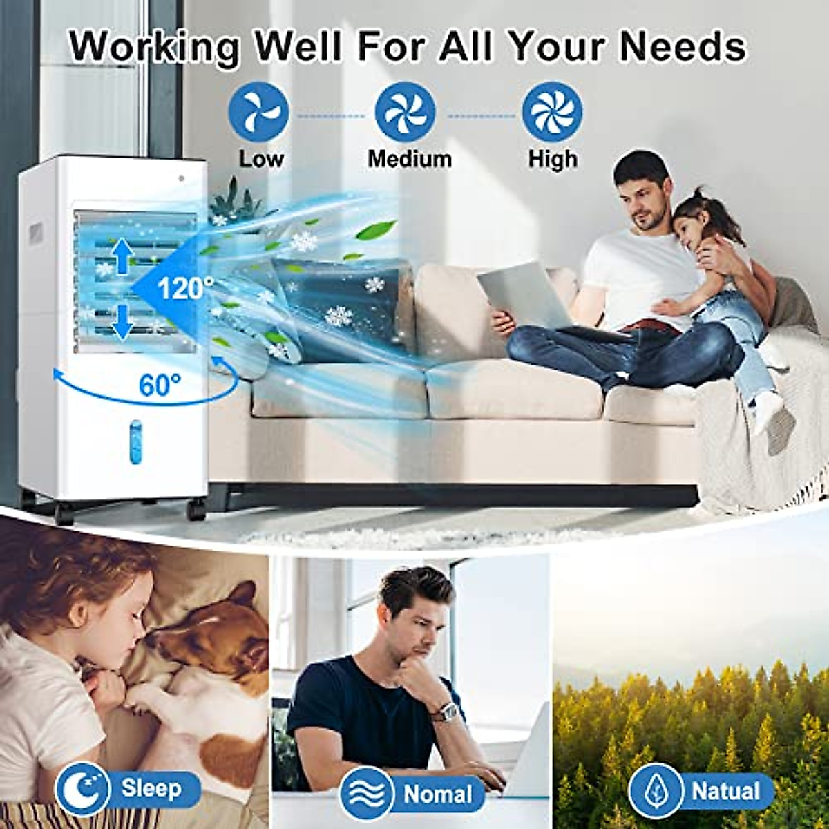 Portable Air Conditioners, 3-IN-1 Air Conditioner Portable for Room, 3 Speeds Evaporative Air Cooler, Fast Cooling Portable AC w/Timer, 52° Oscillation Tower Fan, Remote Swamp Cooler for Office