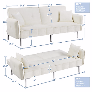 Topeakmart Futon Sofa Bed Split-Back Sleeper Sofa with Removable Armrest Sturdy Metal Legs 3 Angles Adjustable Couch Settee for Apartment/Living Room/Office Ivory Bouclé