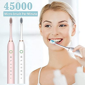 Lukern 2 Pack Sonic Electric Toothbrush, 6 Modes 42000vpm, Toothbrush with 2 Minute Built-in Timer and 8 Brush Heads,White+Pink