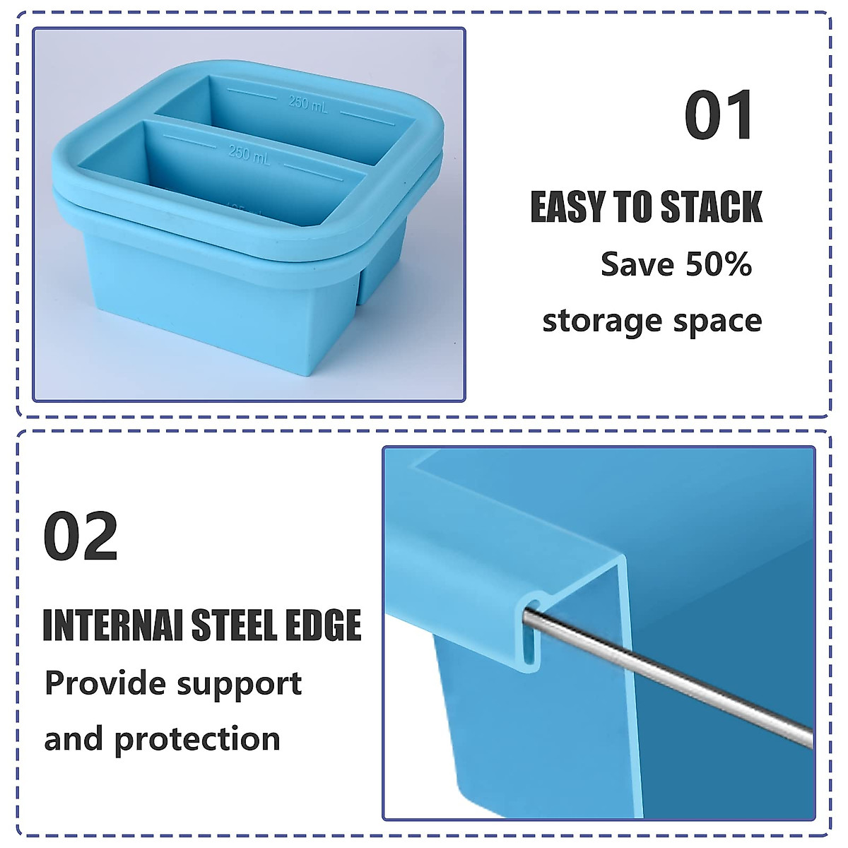 Kinggrand Kitchen 1-Cup Silicone Freezer Tray with Lid 2 pack Soup freezer molds Food Freezing Container Make 4 Perfect Soups, Broths, Stews, Sauces, Curries