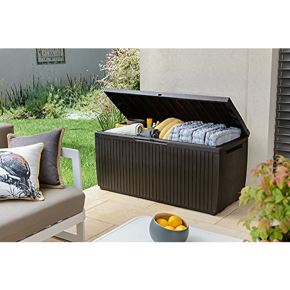 Keter Springwood 80 Gallon Resin Outdoor Storage Box for Patio Furniture Cushions, Pool Toys, and Garden Tools with Handles