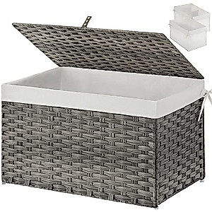 Greenstell Storage Basket with Lid, Handwoven Large Shelf Basket with Cotton Liner and Metal Frame, Foldable & Easy to Install, Storage Box Basket Bin with Handle for Bedroom, Laundry Room Grey 105L