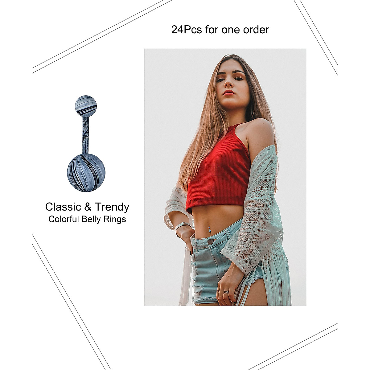 EVELICAL 24Pcs 14G Stainless Steel Belly Button Rings for Women Screw Navel Bars Body Piercing Jewelry Set Style 2