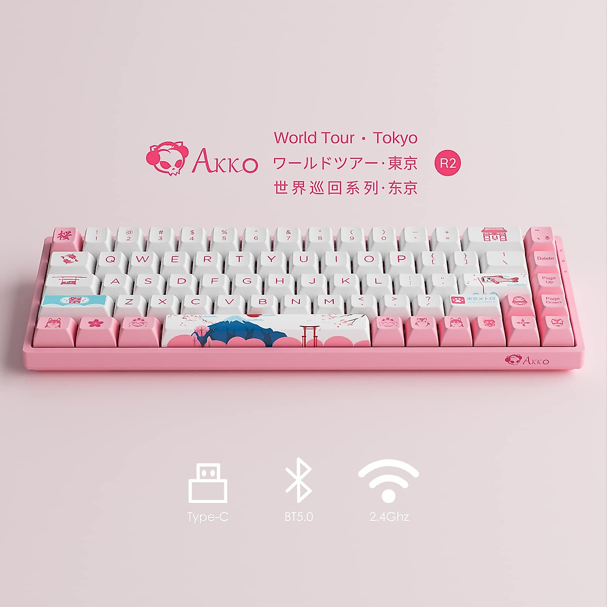 Akko 3068B Plus World Tour Tokyo R2 65% Percent 68-Key RGB Hot-swappable Mechanical Gaming Pink Keyboard, 2.4G Wireless/Bluetooth/Wired with PBT Dye-Sub Keycaps for Mac & Win Switch Jelly Pink