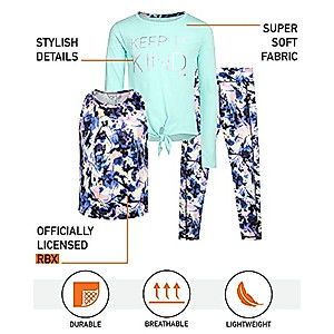RBX Girls' Active Pants Set - 3 Piece Long Sleeve Graphic T-Shirt, Printed Tank Top, and Leggings for Girls (Sizes: 7-16), Size 10-12, Minty Green