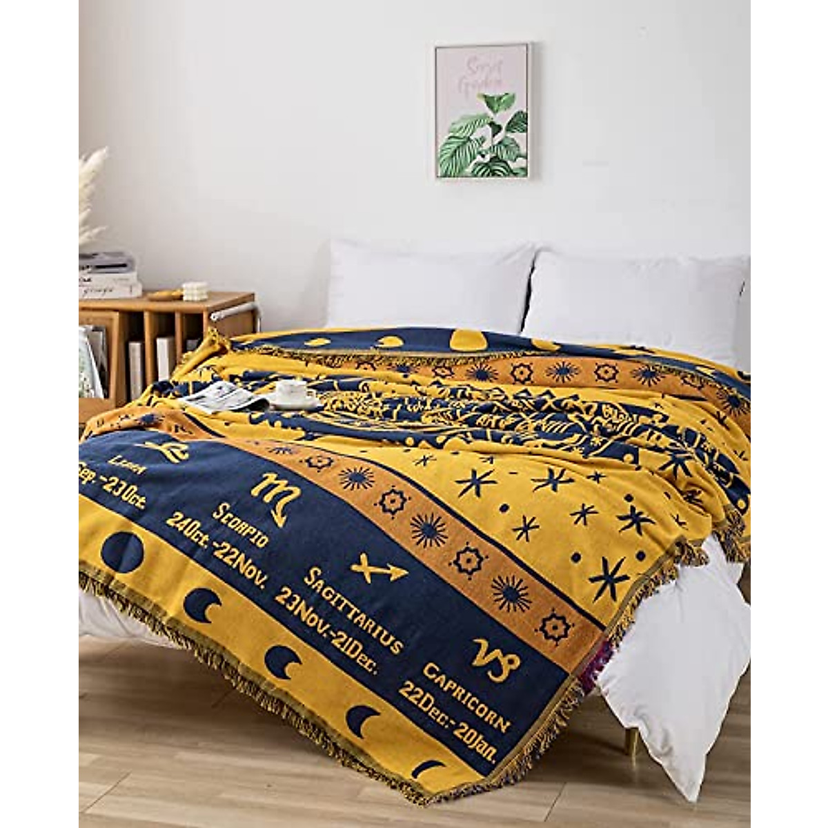 CUEERBOT Boho Throw Blanket,Hippie Room Decor Reversible Bohemian Cotton Blanket for Sofa Tapestry Carpet Bed Chair,Witchy Astrology Zodiac Celestial Constellation (Yellow, Small 51x71inch)