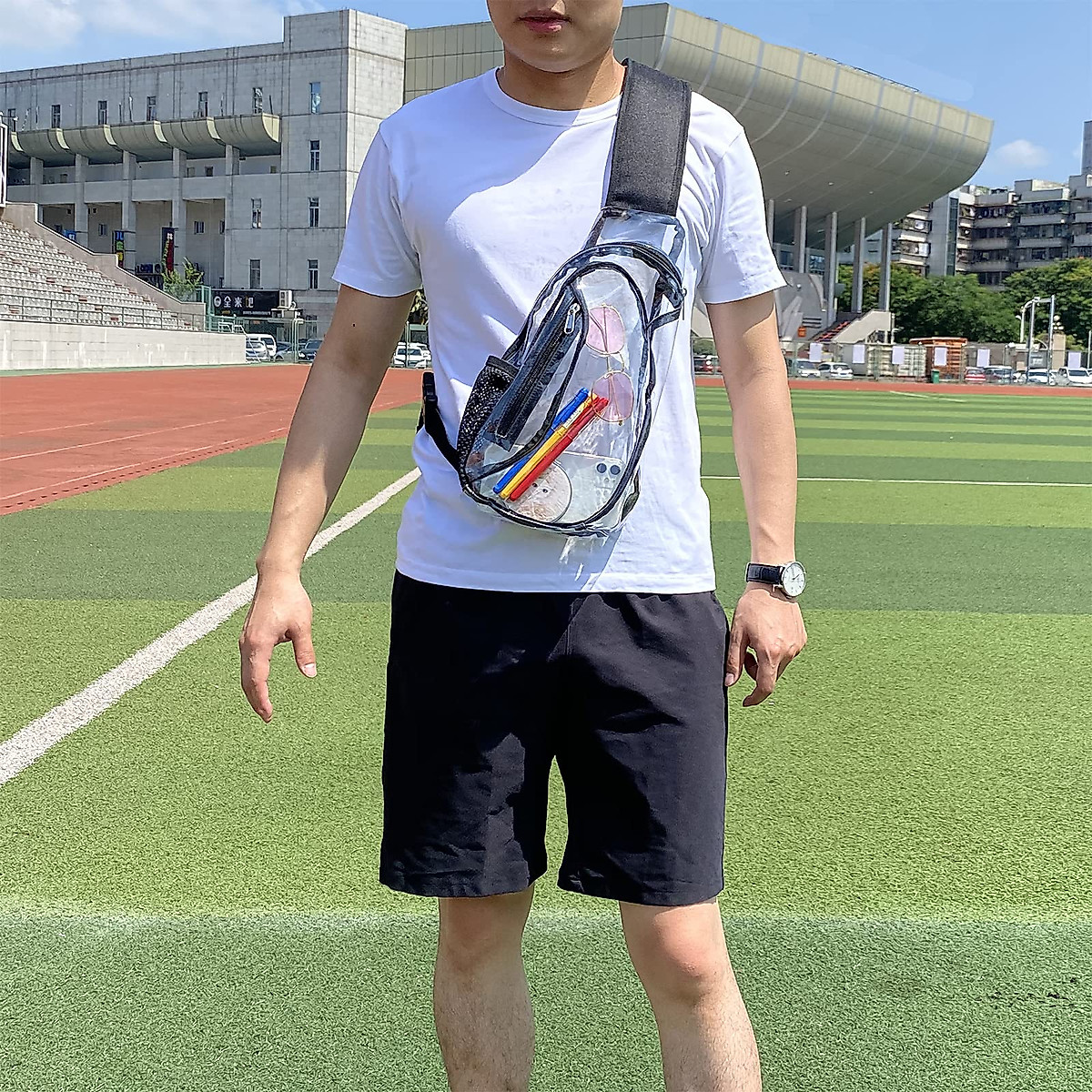 Clear Sling Bag, Stadium Approved Small PVC Crossbody Backpack, Transparent Casual Chest Daypack for Hiking, Stadium or Concerts, Black