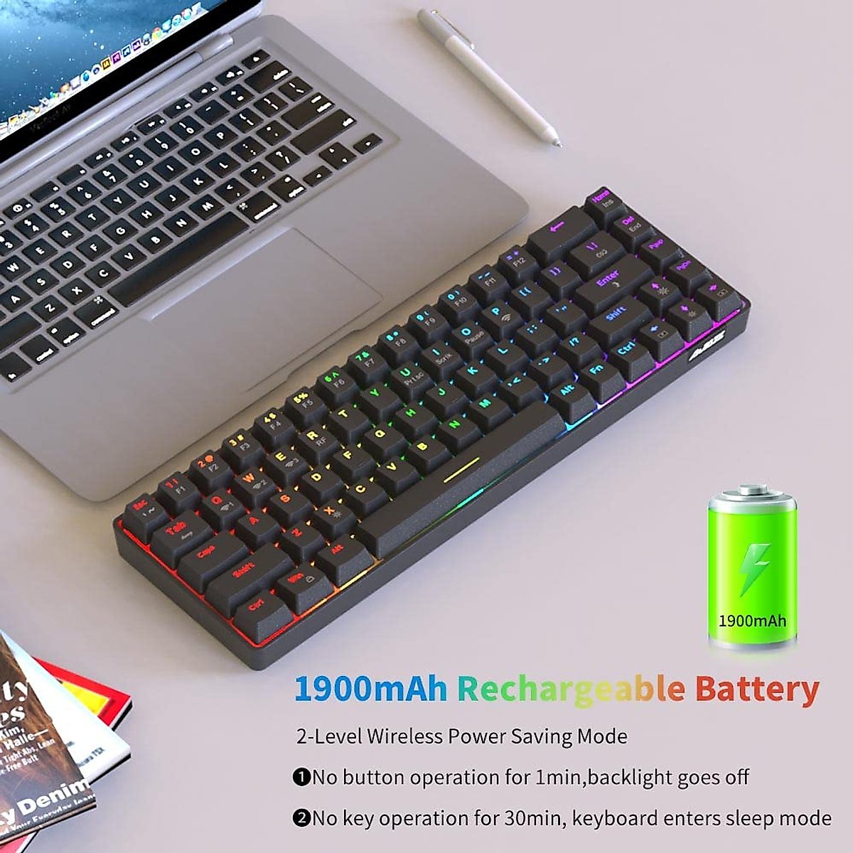 NACODEX 68 Key 65% Hot swappable Mechanical Keyboard, 2.4G Wireless/Bluetooth/Wired RGB Backlit Keyboard, 1900mAh Programmable Keyboard for Win/Mac/Gaming