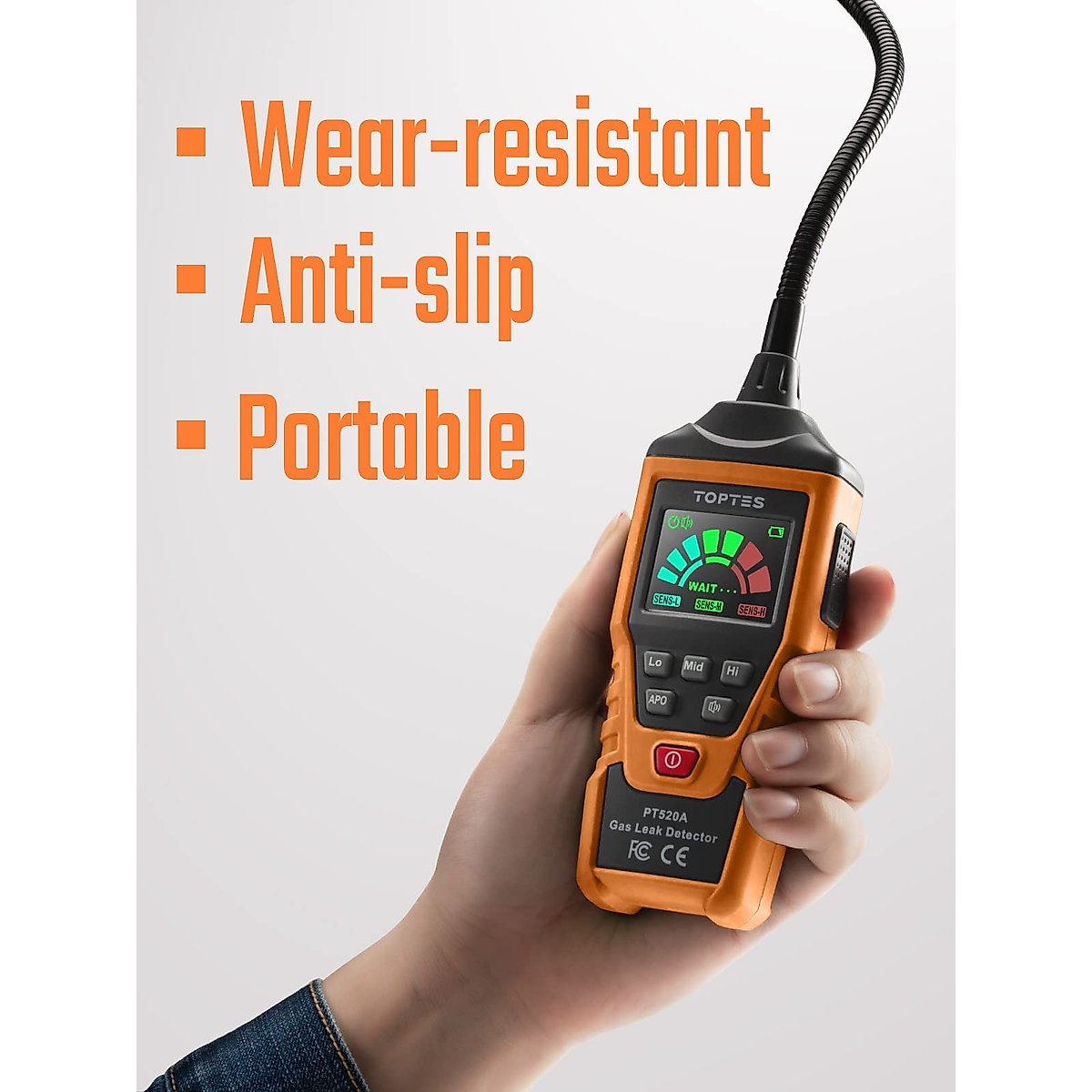 Natural Gas Detector, TopTes PT520A Gas Leak Detector with 17-Inch Gooseneck, Locating The Source of Propane, Natural Gas, and Combustible Gas Leak for Home and RV (Includes Battery x3) - Orange