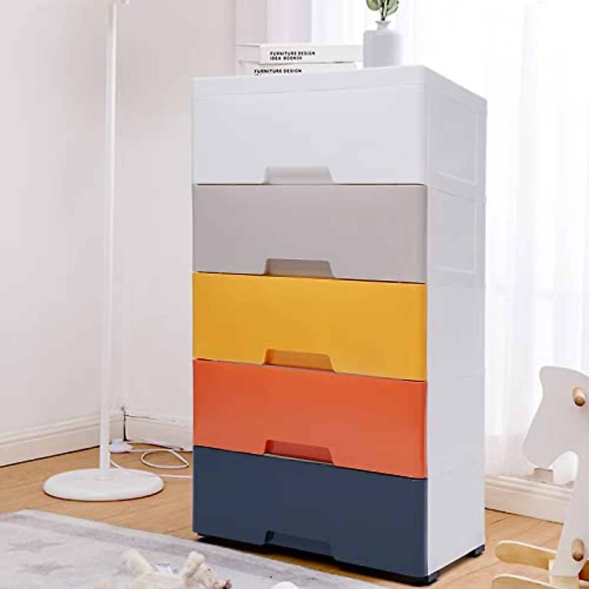 5 Drawer Plastic Drawers Dresser Storage Cabinet Stackable Vertical Clothes Storage Tower with 4 Wheels and Spare Wheel for Hallway Entryway(White, Gray, Yellow, Orange, Blue)