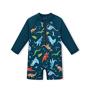 BesserBay Long Sleeve One Piece Rashguard UPF 50+ Dinosaur Navy Zip Up Swimwear for Baby Boy 18-24 Months