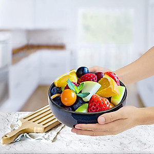 GRABADO Handmade Large Salad Bowls, Ceramic Bowl 60oz for Eating, Porcelain Serving Bowl Glazed, Popcorn Bowl 8"，Decorative Bowl for Salad, Ramen, Soup and Fruit,Dishwasher & Microwave Safe(Sky Blue)