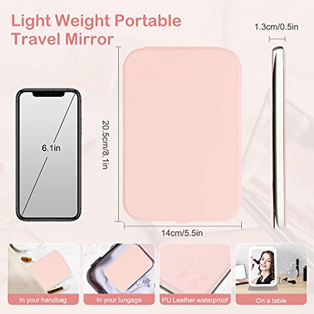 Luminar bowo Vanity Tabletop Mount Mirror with Lights, Travel Makeup Mirror 360° Rotation Touch Screen 3 Colors Light Modes 72 LEDs USB Rechargeable, 1200mA 5.5x8-Inch Desk Compact Mirror Pink