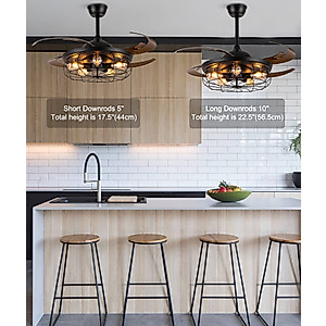 APBEAMLighting 48 Inches Retractable Ceiling Fan Industrial Caged Ceiling Fan Reversible Blades Black Farmhouse Ceiling Fan with Lights and Remote Control for Living Dining Room