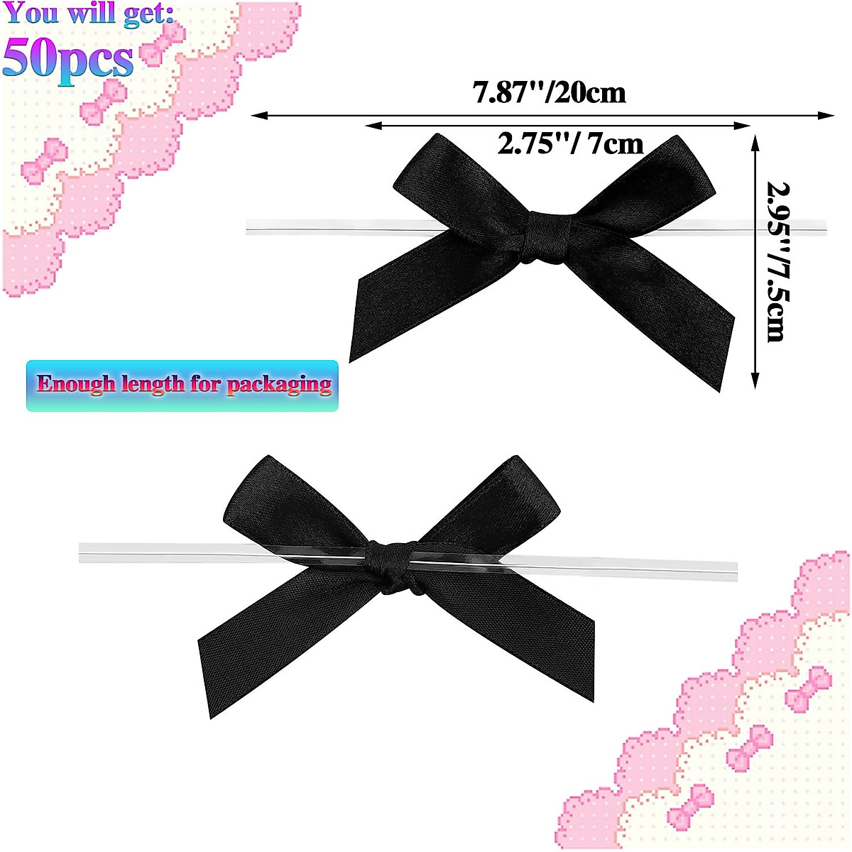 50 Pack Black Satin Ribbon Twist Tie Bows for Treat Bags, Gift Bags, Bakery Candy Bags and Package Decorating Ribbon Bow, Bowknot for Gifts