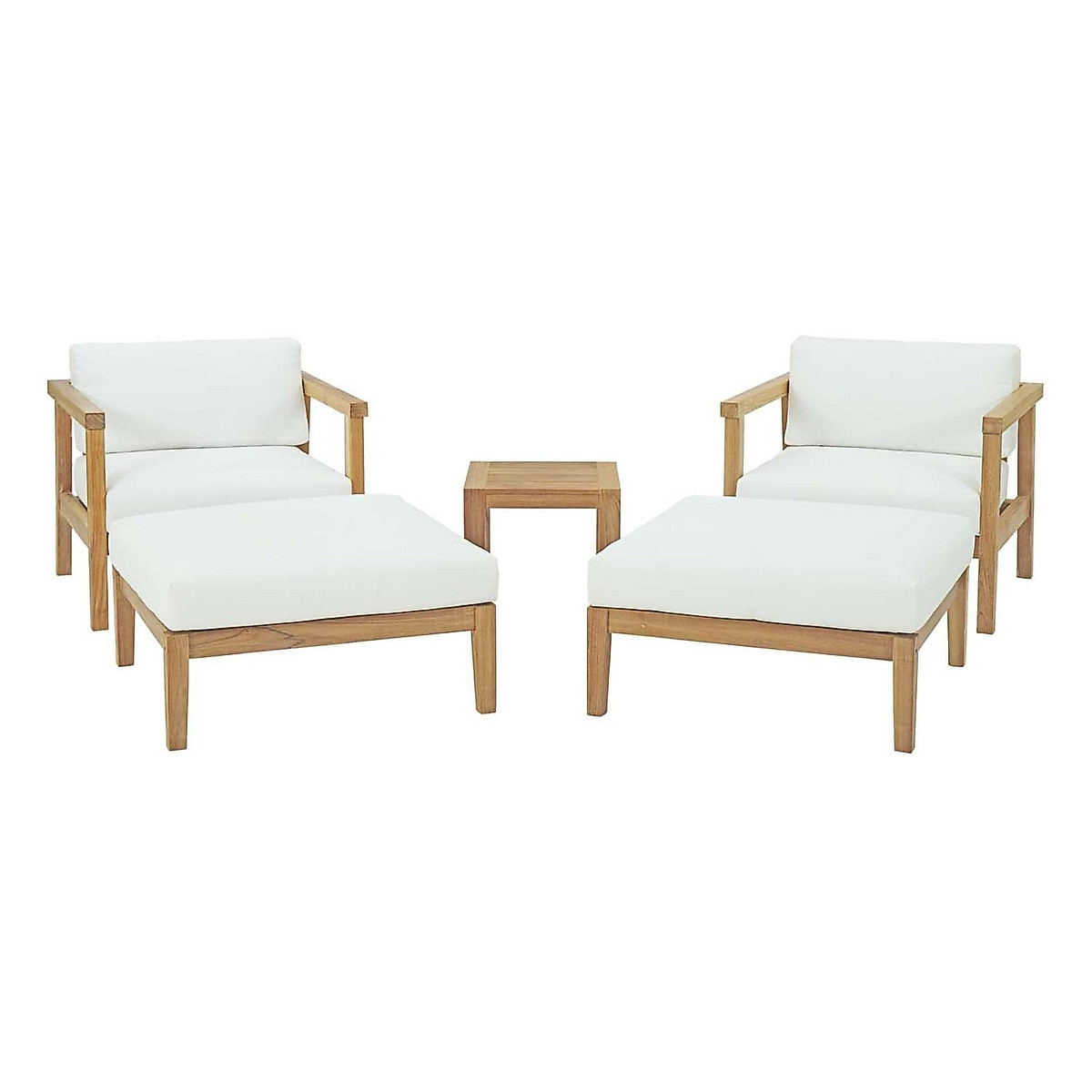 Modway EEI-3113-NAT-WHI-SET Bayport Outdoor Patio Teak Set, Two Armchairs, Two Ottomans, and Side Table, Natural White