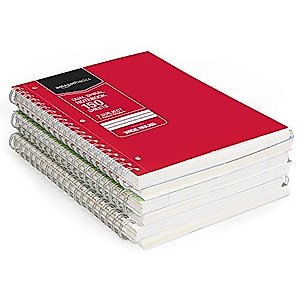 Amazon Basics Wide Ruled Wirebound 3-Subject 150-Sheet Notebook with Pocket Divider - Pack of 6, 10.5 x 8 Inch, Multi-Color