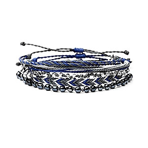 Mezcla Vida Bohemian Starfish Charm Silver Zinc Beaded Waterproof Rope Surfing Bracelets Sets For Women Teen Girls, Beach Handmade String Jewelry (GREY-BLUE)