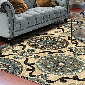 SUPERIOR Abner Collection Area Rug, 10mm Pile Height with Jute Backing, Fashionable and Affordable Rugs, Beautiful Scrolling Medallion Pattern - 5' x 8' Rug, Cream with Blue and Beige