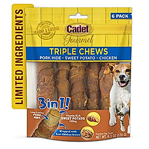 Cadet Gourmet Triple Chews Pork Hide, Sweet Potato, & Chicken Dog Treats - Healthy Dog Treats for Small & Large Dogs - Inspected & Tested in USA (6 Count)