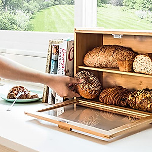 Laura's Green Kitchen Large Bread Box - Wood Bread Box with Clear Front Window - Farmhouse Style Bread Bin for Kitchen Counter - Double Layer Bread Storage Bin Holds 2 Loaves - Self-Assembly