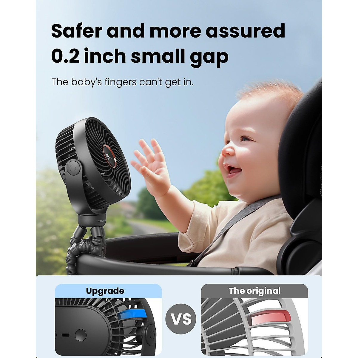 SHEWIND Stroller Fan, LED Light Portable Fan, 3600mAh Battery Operated Small Clip on Fan, 4 Speed Rechargeable Mini Personal Fan Cooling Travel Fan For Car Seat Crib Treadmill (Black)