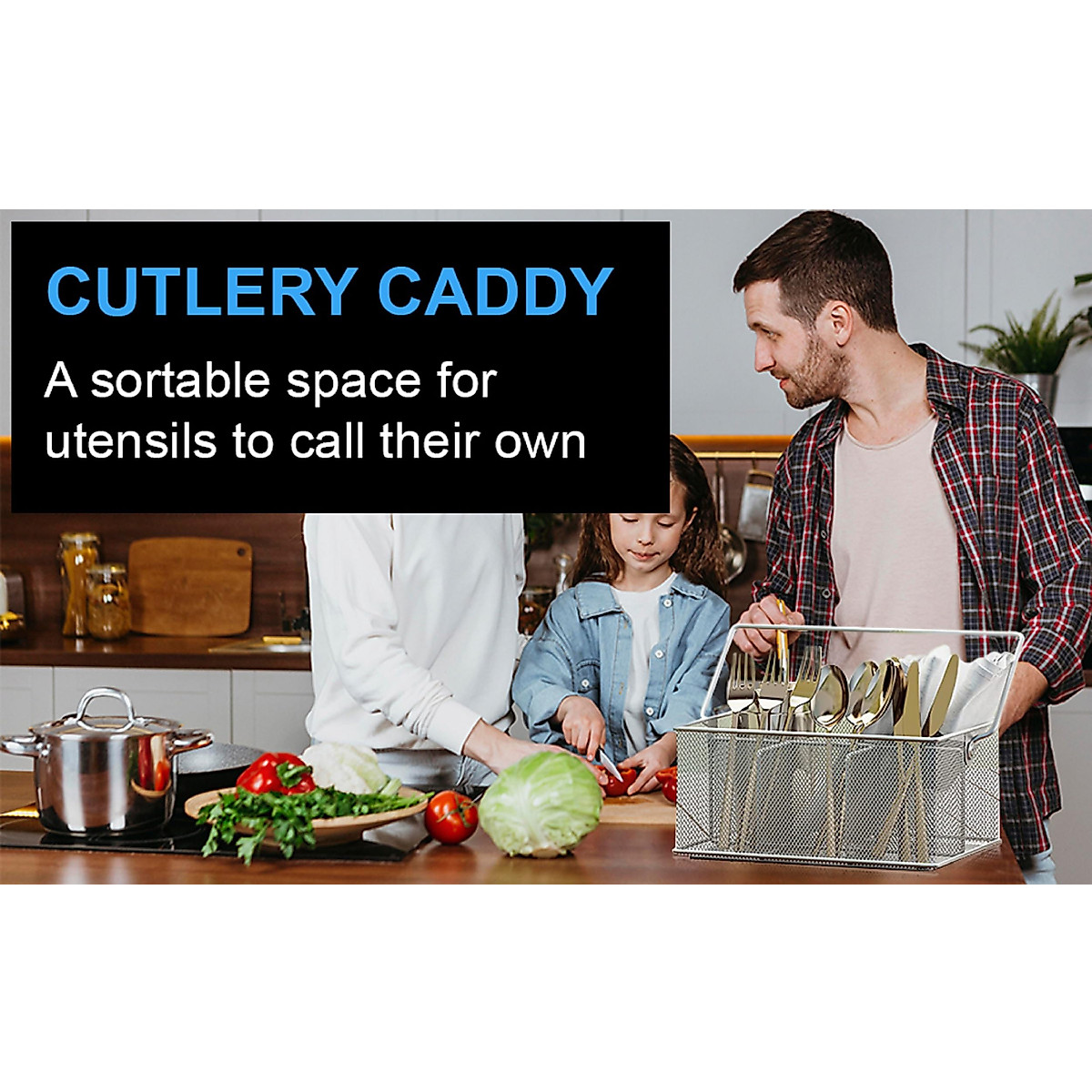 YBM HOME Mesh Basket Utensil Holder & Picnic Silverware Caddy Organizer with Four Compartments and Napkin Storage, Black