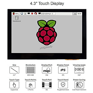 XYGStudy 4.3inch for Raspberry Pi IPS LCD Capacitive Touch Display Screen 800×480 4.3inch IPS Wide Angle MIPI DSI Interface for Raspberry Pi 4 3 2 Model B B+ A+ Raspbian Retropie Ubuntu Driver Free