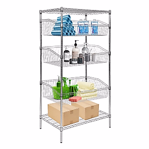 biosp 4-Tier Adjustable Metal Wire Rack Shelving Unit, Heavy Duty Basket Storage Shelf for Outdoor & Indoor, Bathroom, Laundry, Kitchen, Garage
