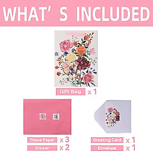 13" Large White Gift Bag Set with Greeting Card and Pink Tissue Papers（Flowers Design）for Women's Birthday Party, Girls' Parties, Baby Shower, Mothers' Day, Wedding, Anniversary, - 10.2”x5.2”x13”, 1 Pcs.
