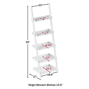 Lavish Home Ladder Bookshelf – 5-Tier Leaning Shelf Stand for Decorative Display - Living Room, Bathroom, or Kitchen Shelving Unit (White)