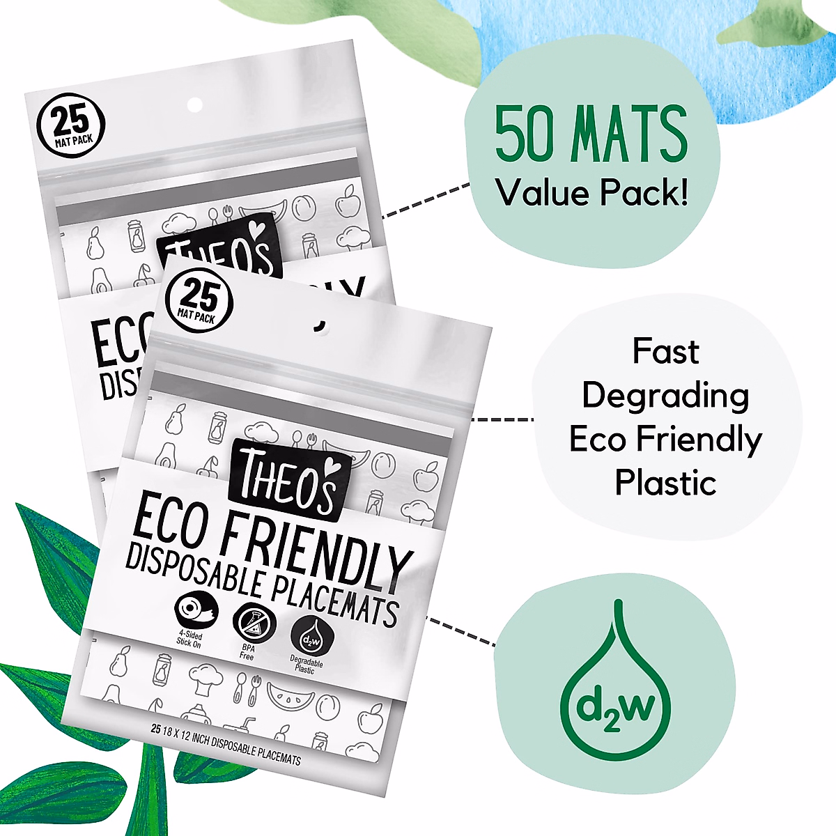 THEO'S 50 Pack Stick on Disposable Table Mats for Kids & Baby Led Weaning | Large 12" x 18" Restaurant Placemats in Re-usable Travel Pouch