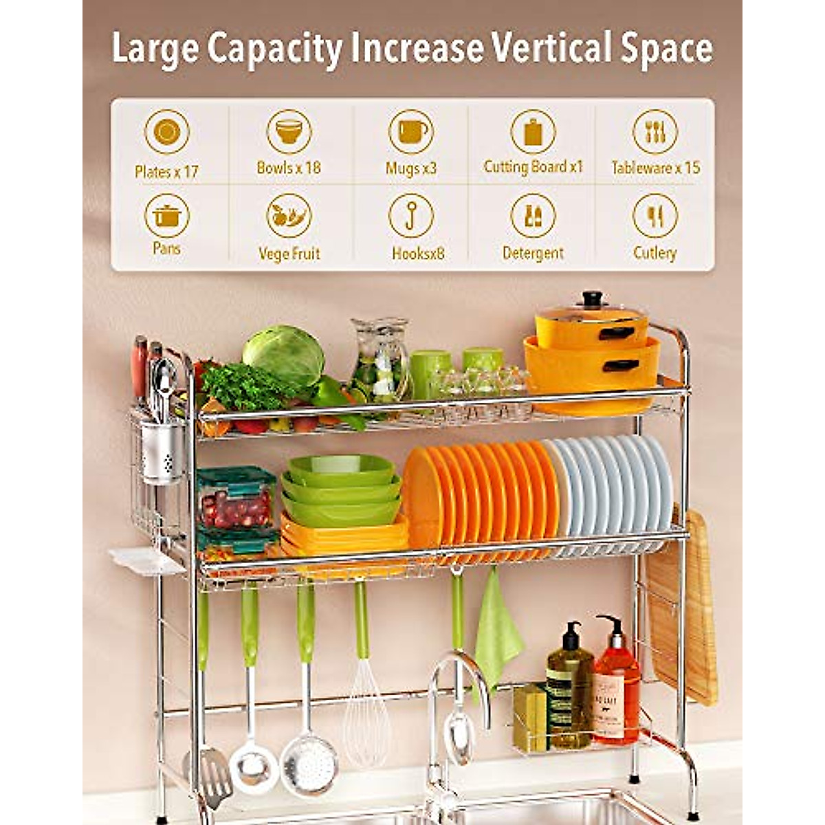 Ace Teah Over The Sink Dish Drying Rack 2-Tier Large Over Sink Dish Rack for Kitchen Organizer, Above Sink Dish Drainer Stainless Steel with Utensil Holder Hooks, Silver