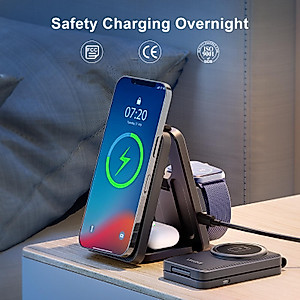 KIXUNY 3 in 1 Wireless Charging Station for Magsafe Charger Stand, Wireless Charger 3 in 1, Foldable Travel Charger 3 in 1 for iPhone15/14/13/12 and Apple Watch/AirPods/(Adapter Included)