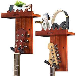 Neboic 2 Pack Guitar Wall Mount, Guitar Hanger with Wood Shelf, Guitar Hook, Guitar Holder for Acoustic Electric Bass Guitar Ukulele Banjo Mandolin