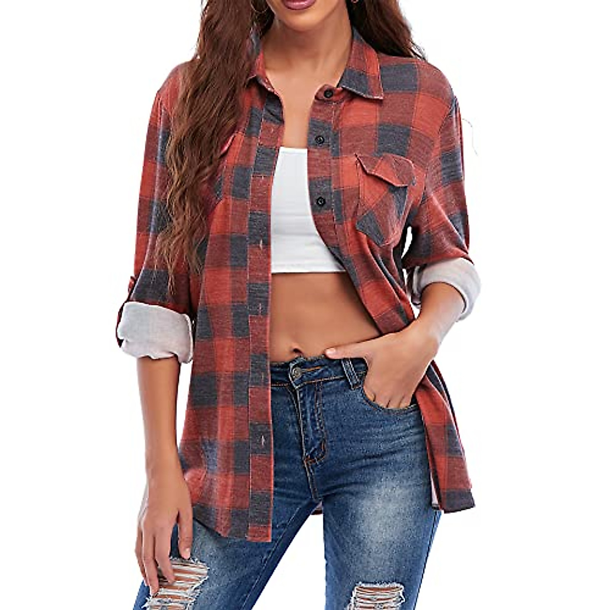 Women Cuffed Long Sleeve Boyfriend Button Down Plaid Flannel Shirt