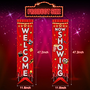Movie Night Porch Sign Banner Movie Theme Party Decorations Movie Theater Welcome Now Showing Lights Camera Action Hanging Porch Sign for Home Film Backdrop Party Supplies (Classic Style, 2 Pieces)