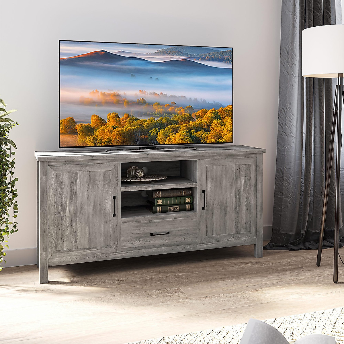 BELLEZE Modern 60 Inch Farmhouse TV Stand or Entertainment Center for TVs Up to 65 Inches, Sideboard Kitchen Buffet Storage Cabinet with Shelves and Storage - Virat (Gray Wash)