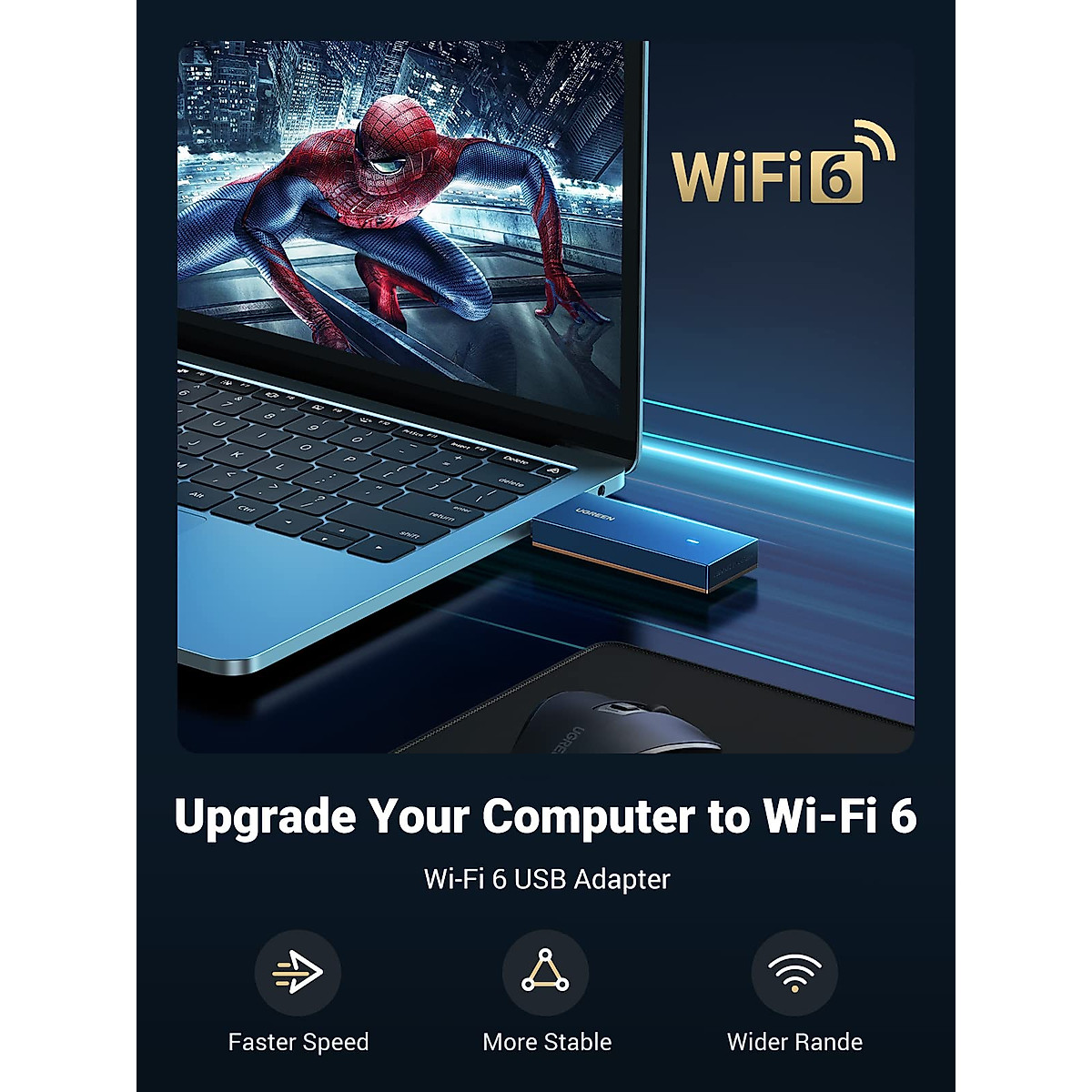 UGREEN USB WiFi 6 Adapter, AX1800 1800Mbps WiFi Adapter for PC Laptop, 5G 2.4G Dual Band WiFi Dongle, USB 3.0 Wireless Network Adapter, Bulit-in Driver for Windows 10/11