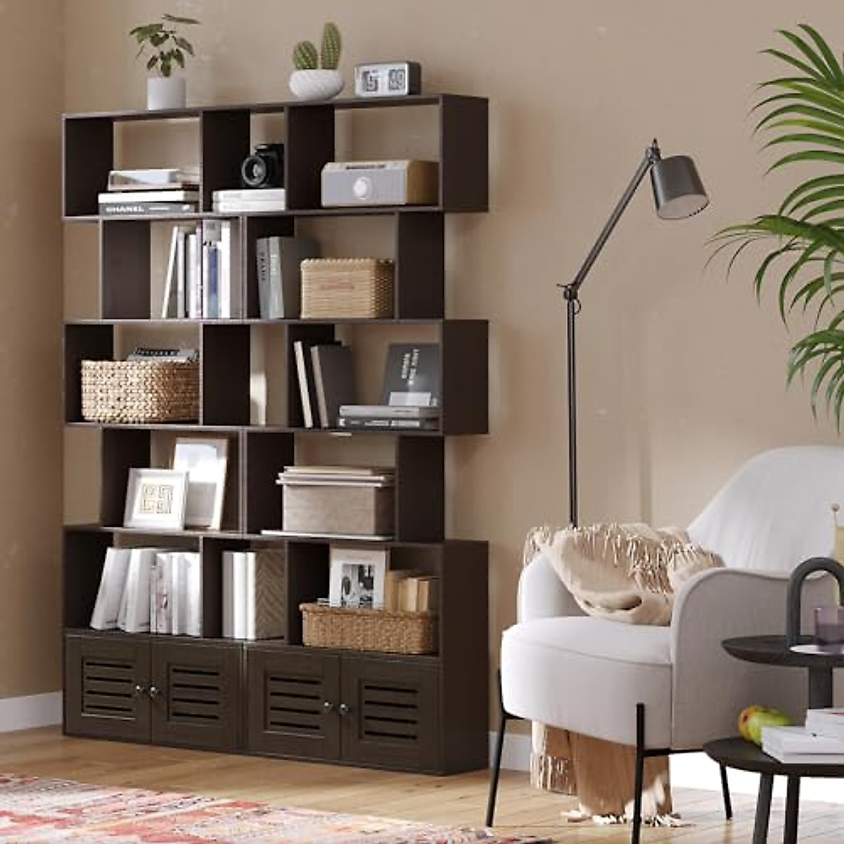 DINZI LVJ 6-Tier Bookshelf, S-Shaped Geometric Bookcase, Book Shelf with Cabinet, Display Shelf with Door, Freestanding Decorative Storage Shelving for Living Room, Home Office, Espresso