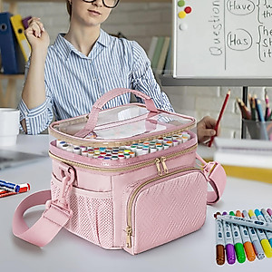 Rexmica Marker Organizer Case for 100 Markers, Marker Storage Organizer Bag with Divider and Shoulder Strap, Marker Travel Carrying Case with 3 Pockets, Pink (Patented Design)