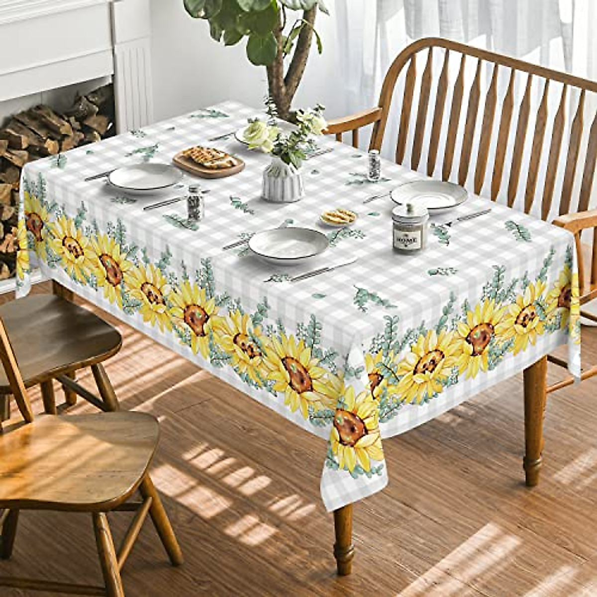 Horaldaily Spring Summer Tablecloth 60x60 Inch, Buffalo Plaid Sunflower Eucalyptus Floral Table Cover for Party Picnic Dinner Decor