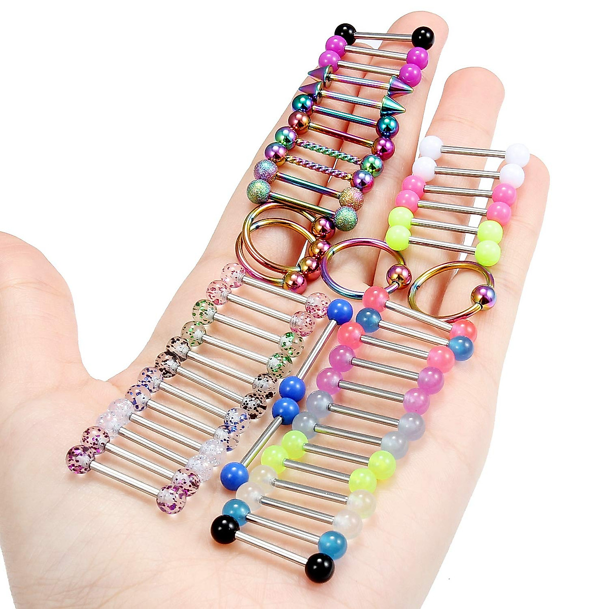 Lcolyoli 48Pcs 14G Glow in Dark Flexible Bioflex Acrylic and Surgical Steel Straight Tongue Barbell Nipple Ring Nipplerings Retainer Piercing Jewelry for Women Men 14mm Bar 4*